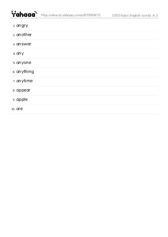1000 basic English words: A 3 - worksheets PDF Download | Yahaaa!