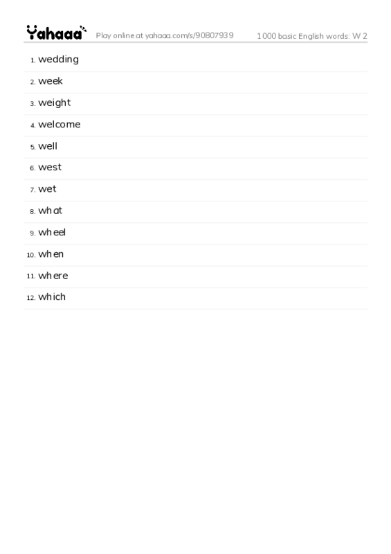 1000 basic English words: W 2 - worksheets PDF Download | Yahaaa!